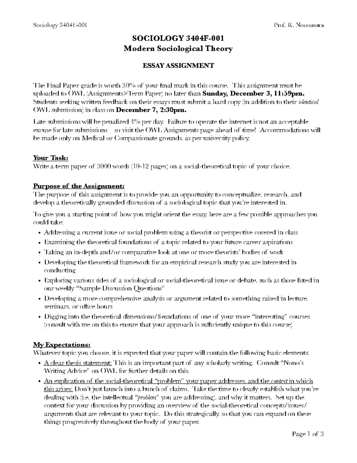 3404F G Essay Assignment - Sociology 3404F-001 Prof. R. Nonomura ...