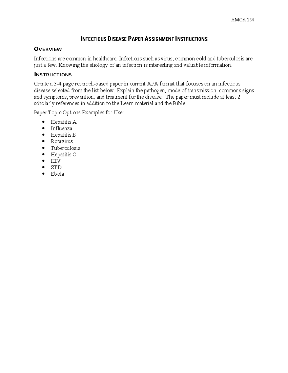 Infectious Disease Paper Assignment Instructions - AMOA 254 INFECTIOUS ...