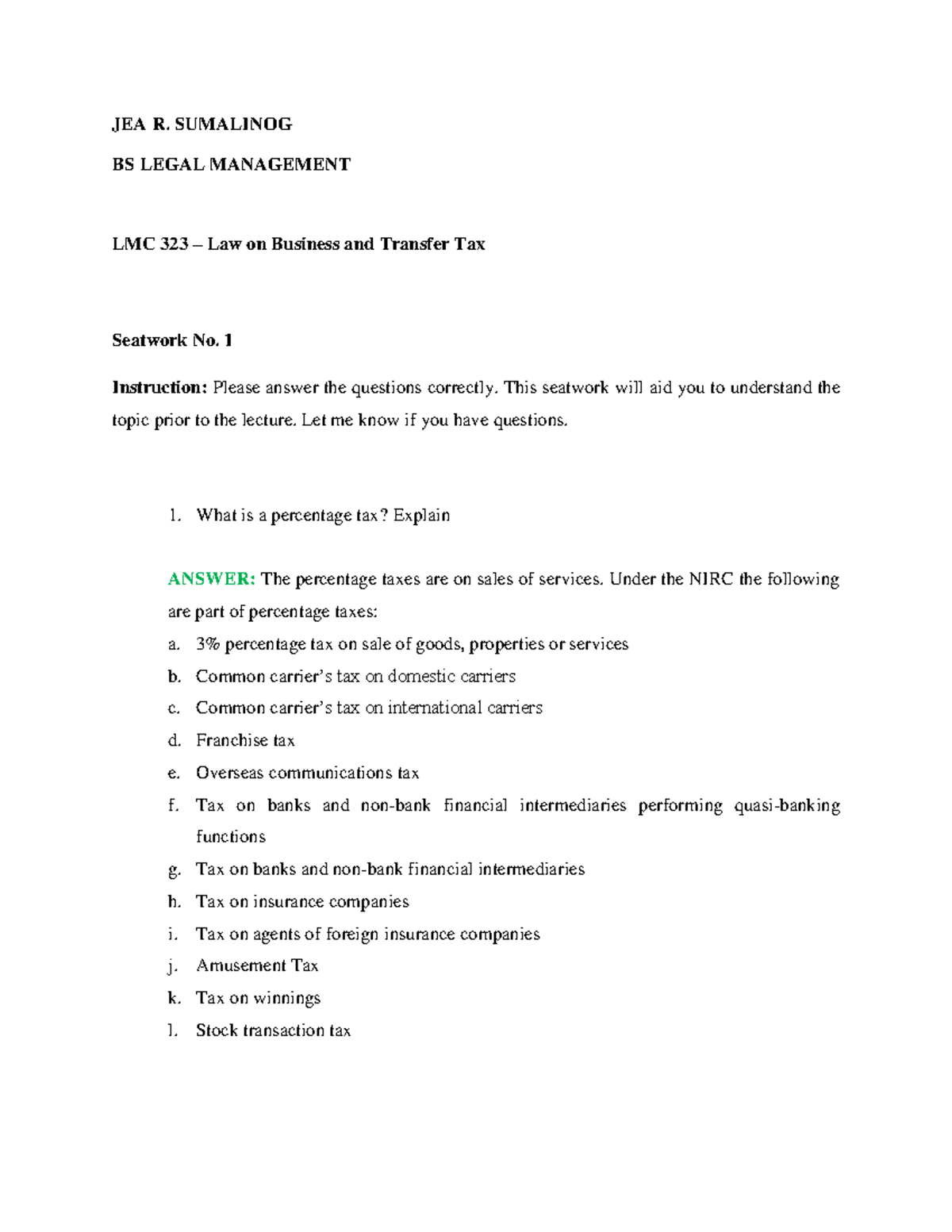 Transfer Tax 323 - JEA R. SUMALINOG BS LEGAL MANAGEMENT LMC 323 – Law ...