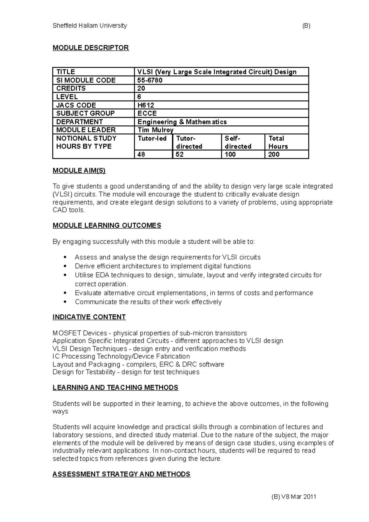 55 6780 Vlsi Design Summary Vlsi Module Descriptor Title Vlsi Very Large Scale Integrated 1007