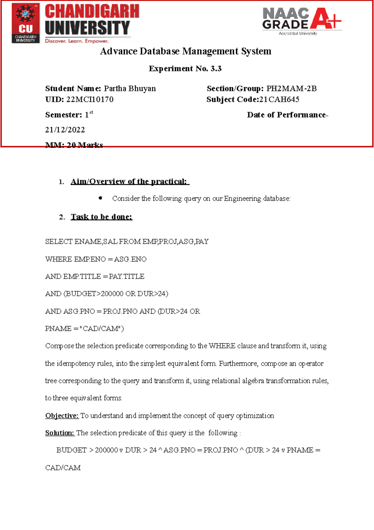 Worksheet 3 - nv - Advance Database Management System Experiment No. 3 ...