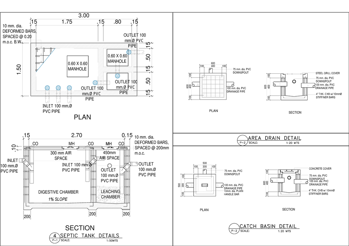 Septic tank and area drain details - MANHOLE0 X 0. mm.Ø PVCOUTLET 100 ...