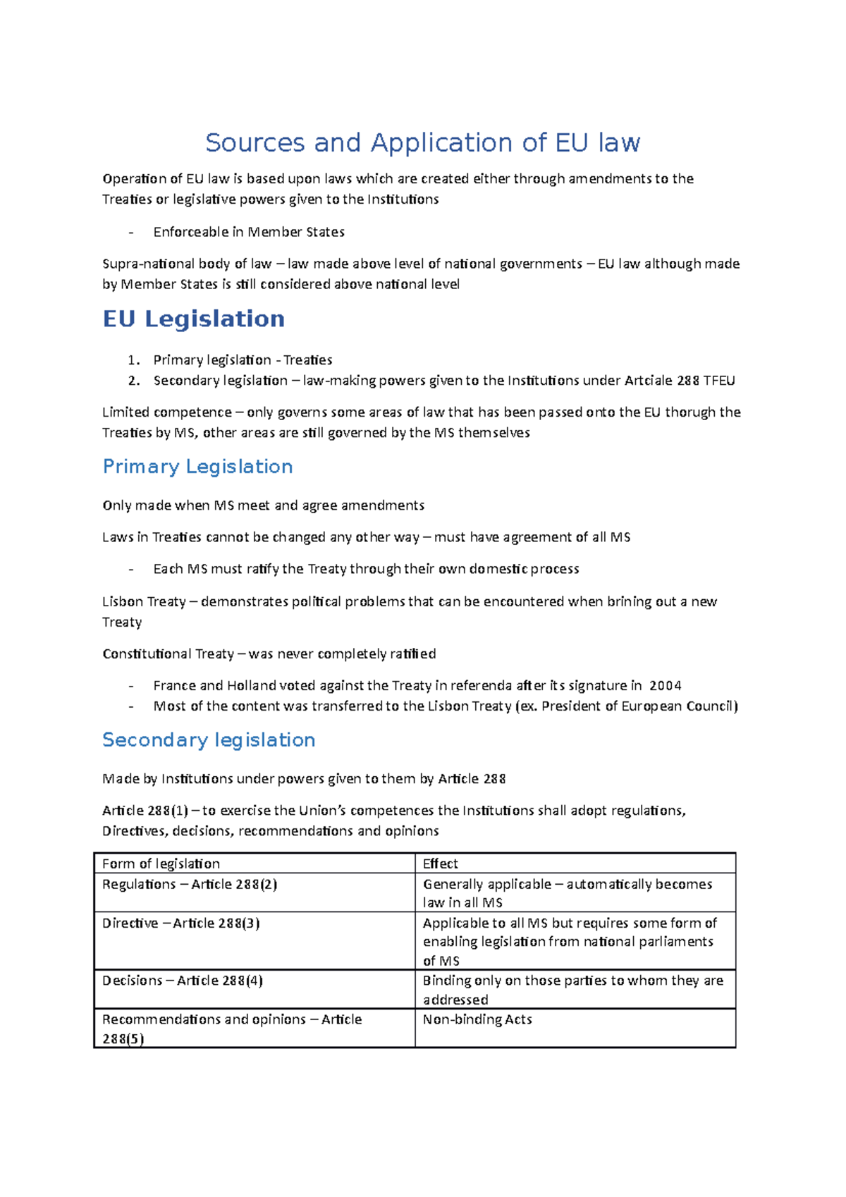 Sources and Application of EU law - Primary legislation Treaties 2 ...