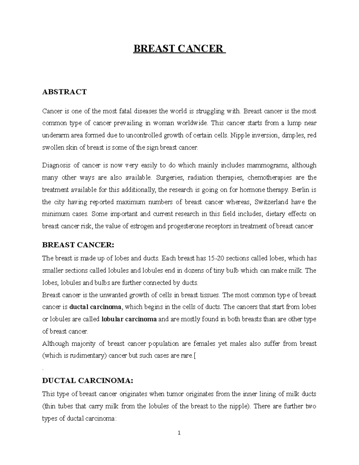 Breast cancer - BREAST CANCER ABSTRACT Cancer is one of the most fatal ...