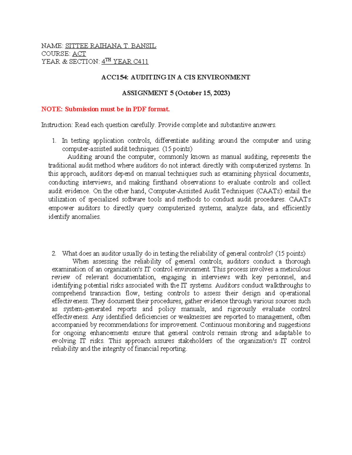 Assignment 5 - October 15, 2023 - NAME: SITTEE RAIHANA T. BANSIL COURSE ...