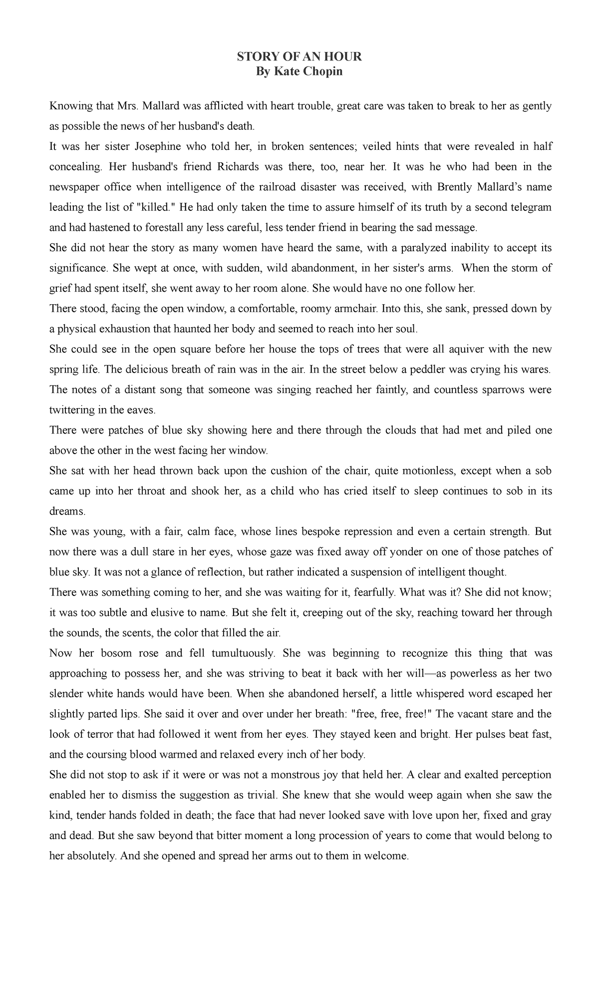 Literary Text 5 - Story of an Hour - STORY OF AN HOUR By Kate Chopin ...