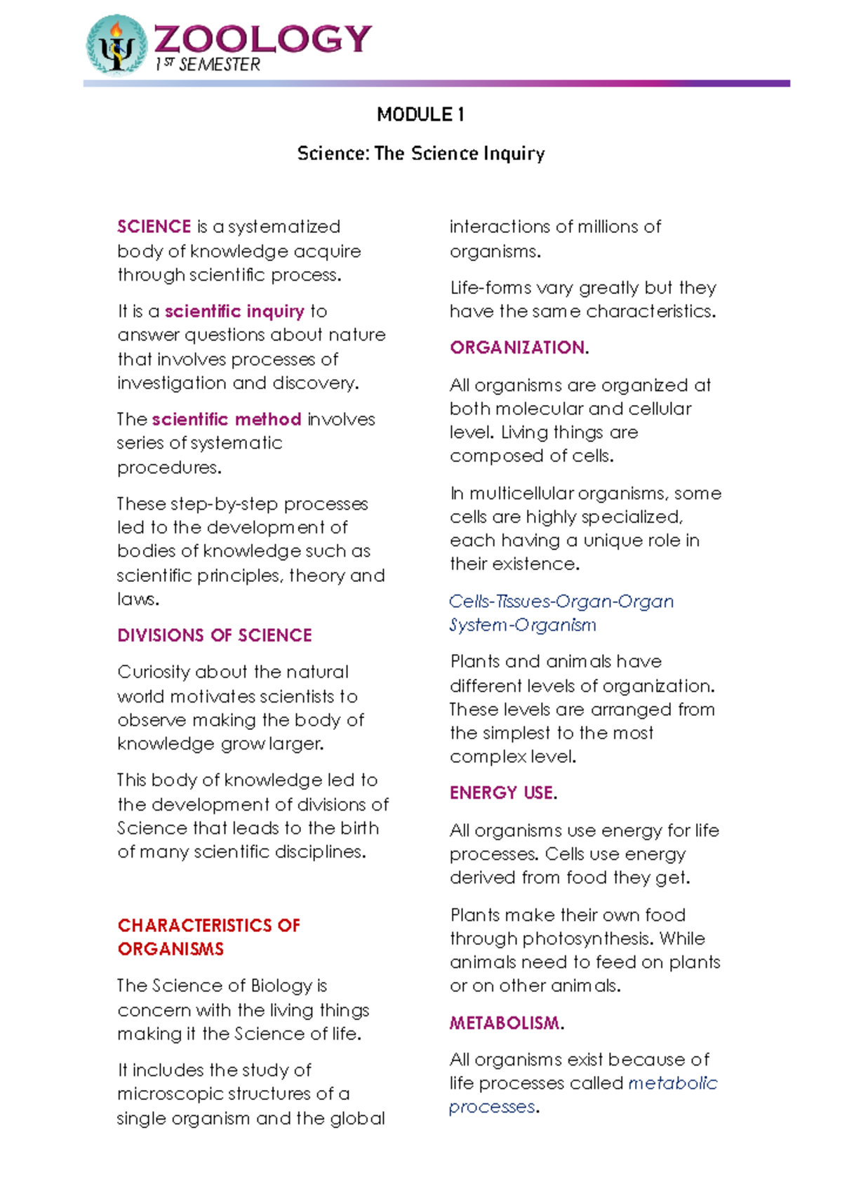 Zoology - chapter 1 to chapter 3 lecture notes - MODULE 1 Science: The ...