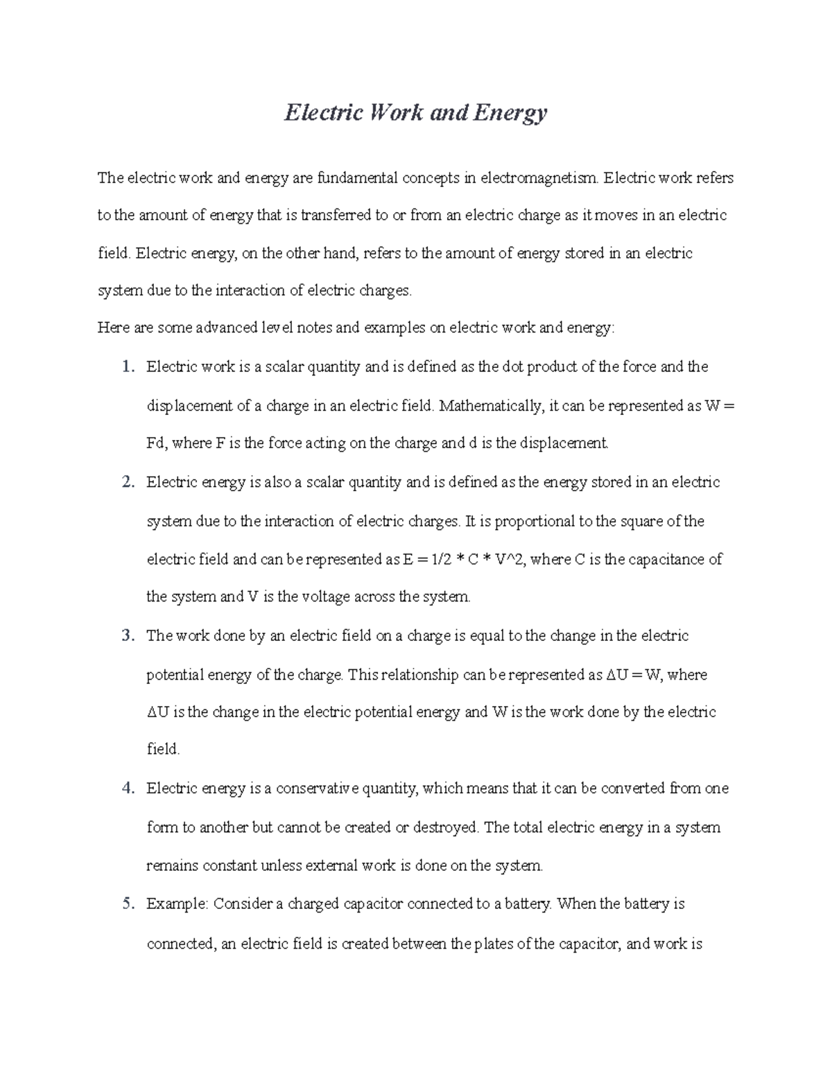 Notes on Electric Work and Energy - Electric Work and Energy The ...