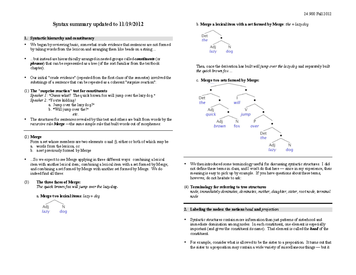 Syntaxsummary - 18 18 SYNTACTIC STRUCTURE: Generated by Merge 18 24 ...