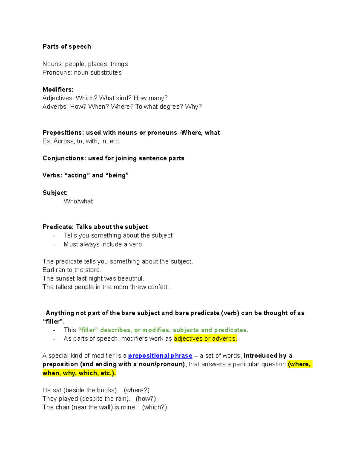 English notes - Parts of speech Nouns: people, places, things Pronouns ...