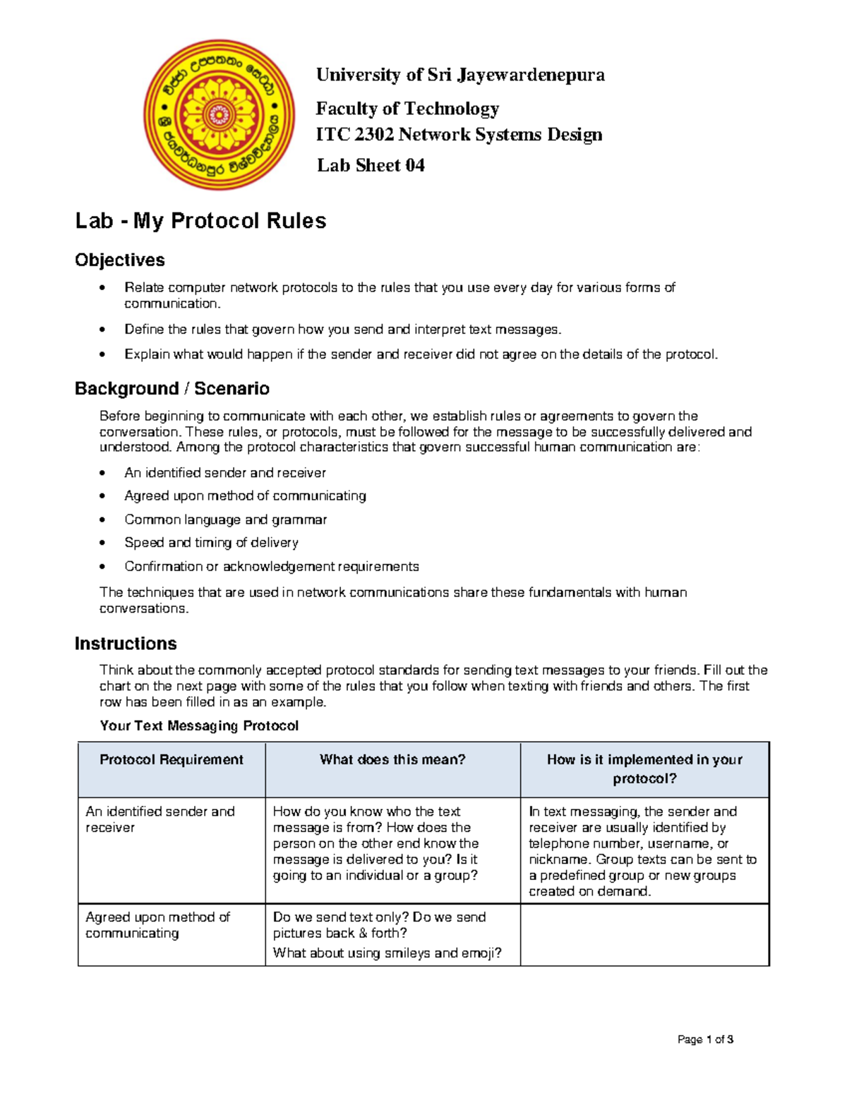 04 Lab 04 - 5.1.4 Lab - My Protocol Rules - Page 1 of 3 University of Sri Jayewardenepura ...