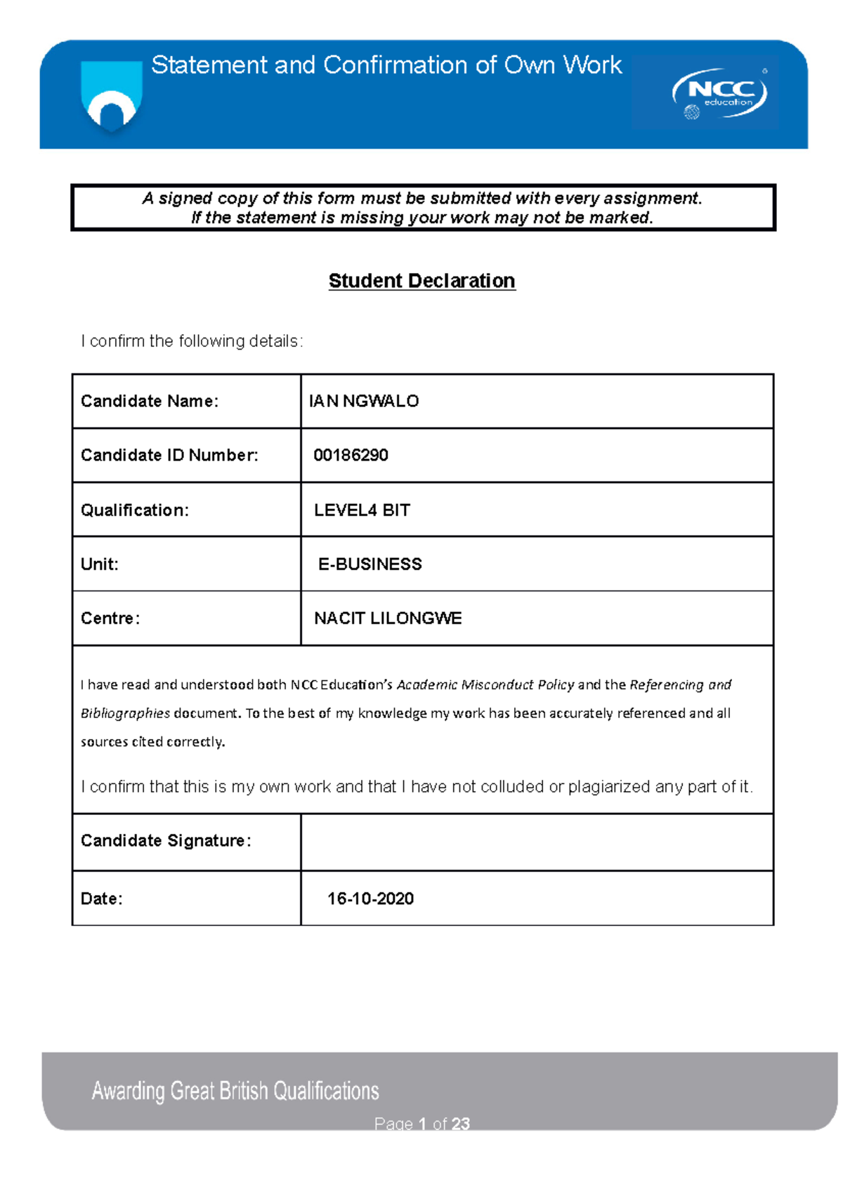 00186290 Ian Ngwalo e Business - Statement and Confirmation of Own Work ...