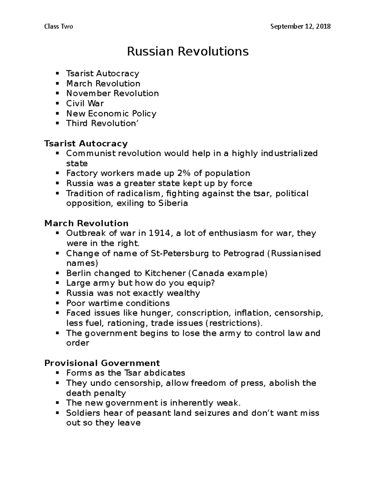 Russian Revolutions - Lecture - Class Two September 12, 2018 Russian ...