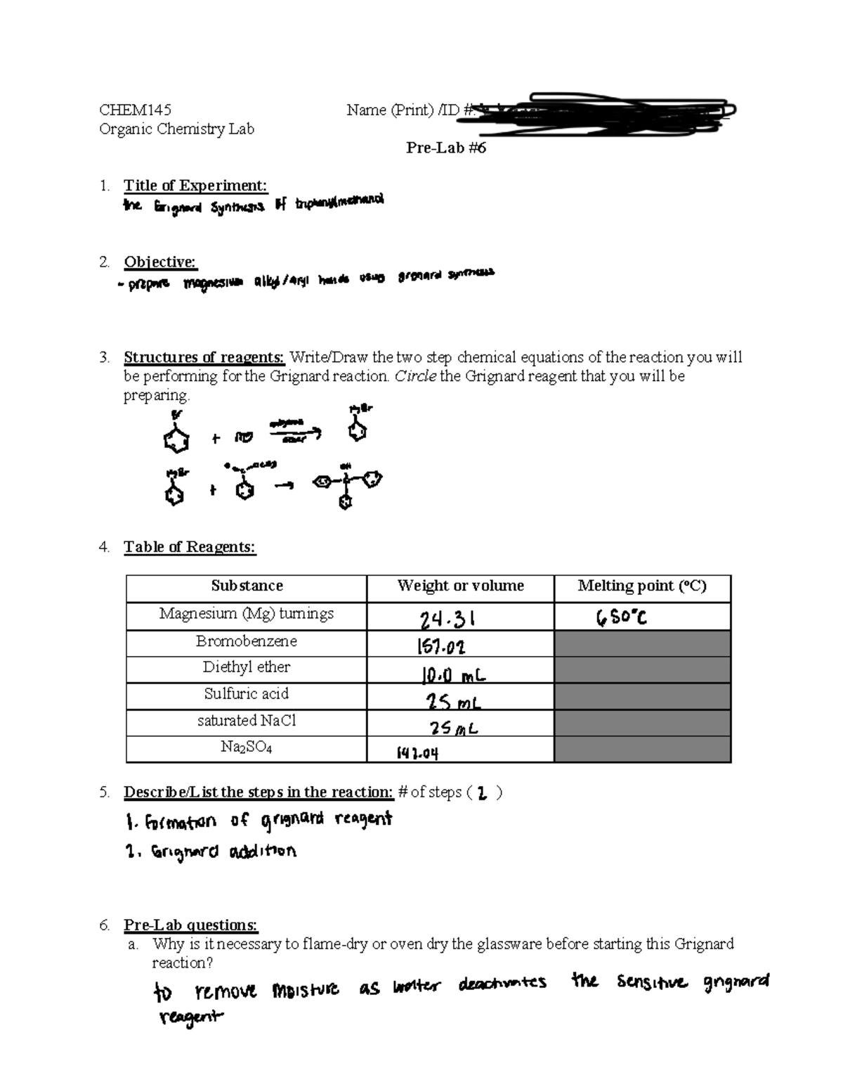 Chem prelab 6 - CHEM145 Name (Print) /ID ...