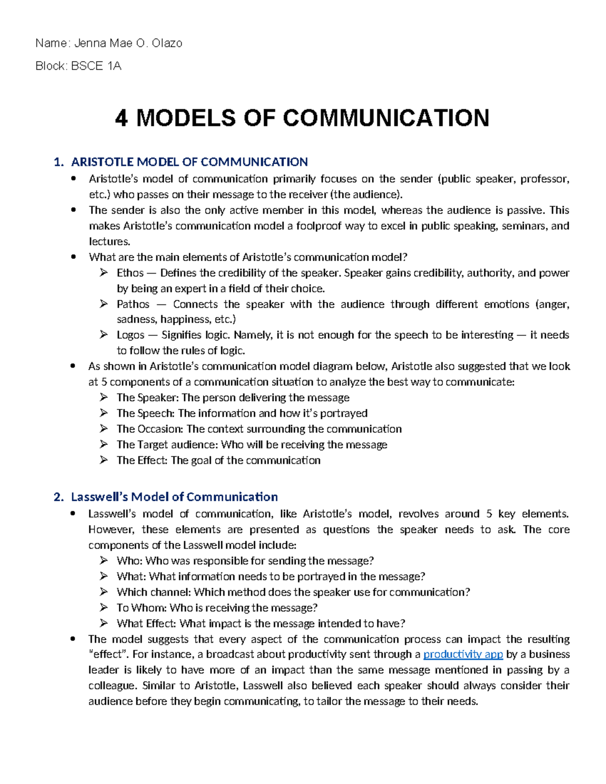 4 Models OF Communication - Name: Jenna Mae O. Olazo Block: BSCE 1A 4 ...