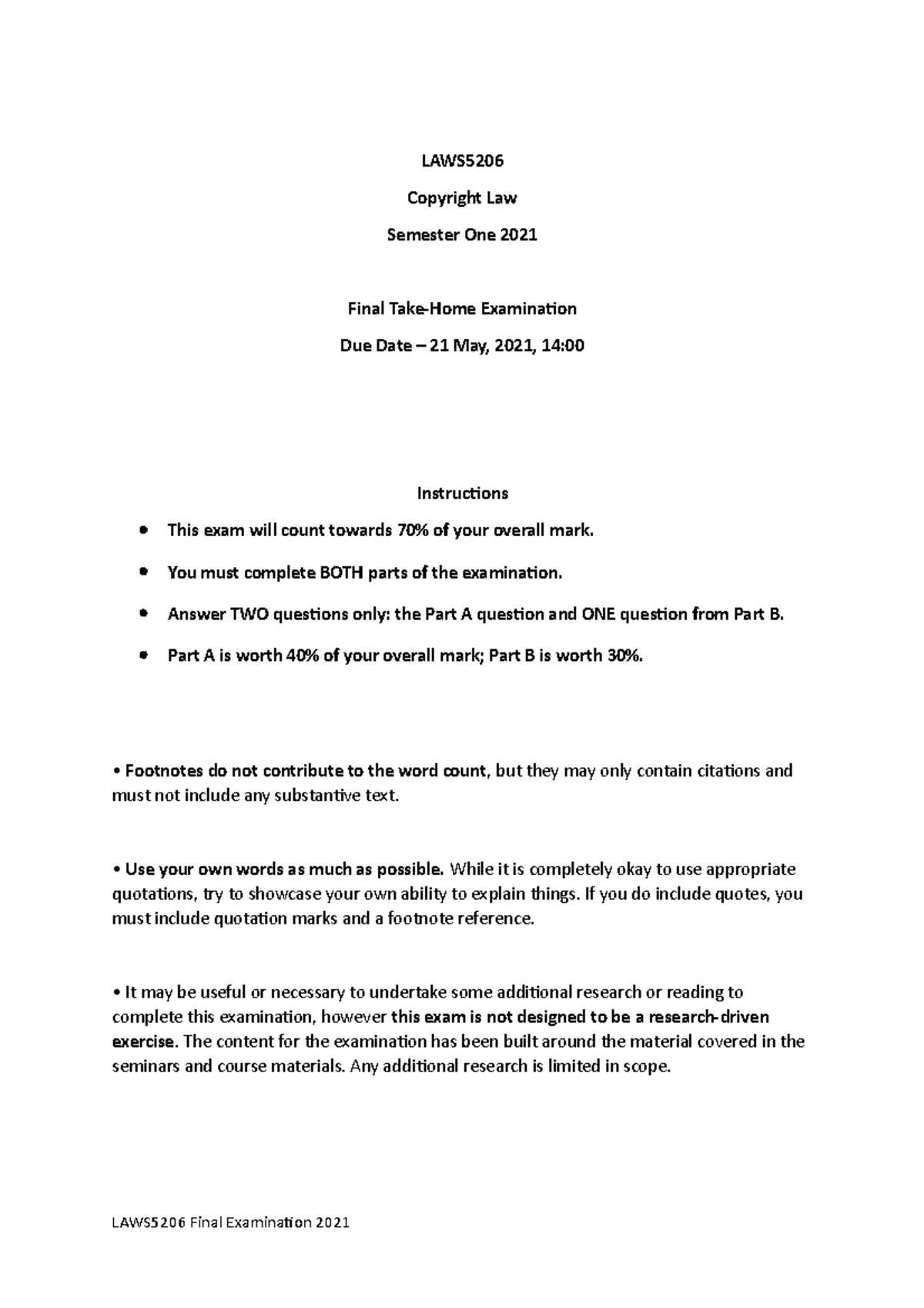 Final Exam 2021 - notes - LAWS Copyright Law Semester One 2021 Final ...