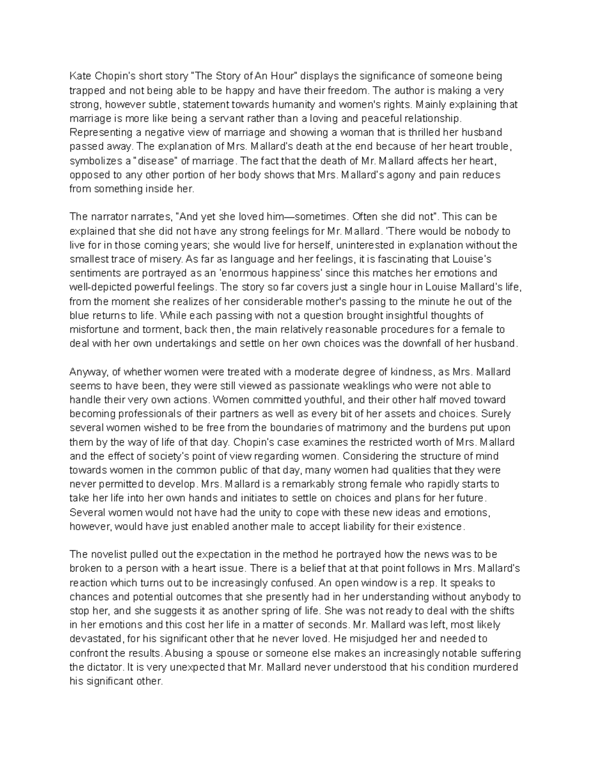 The Story Of An Hour By Kate Chopin Statement Towards Humanity And ...