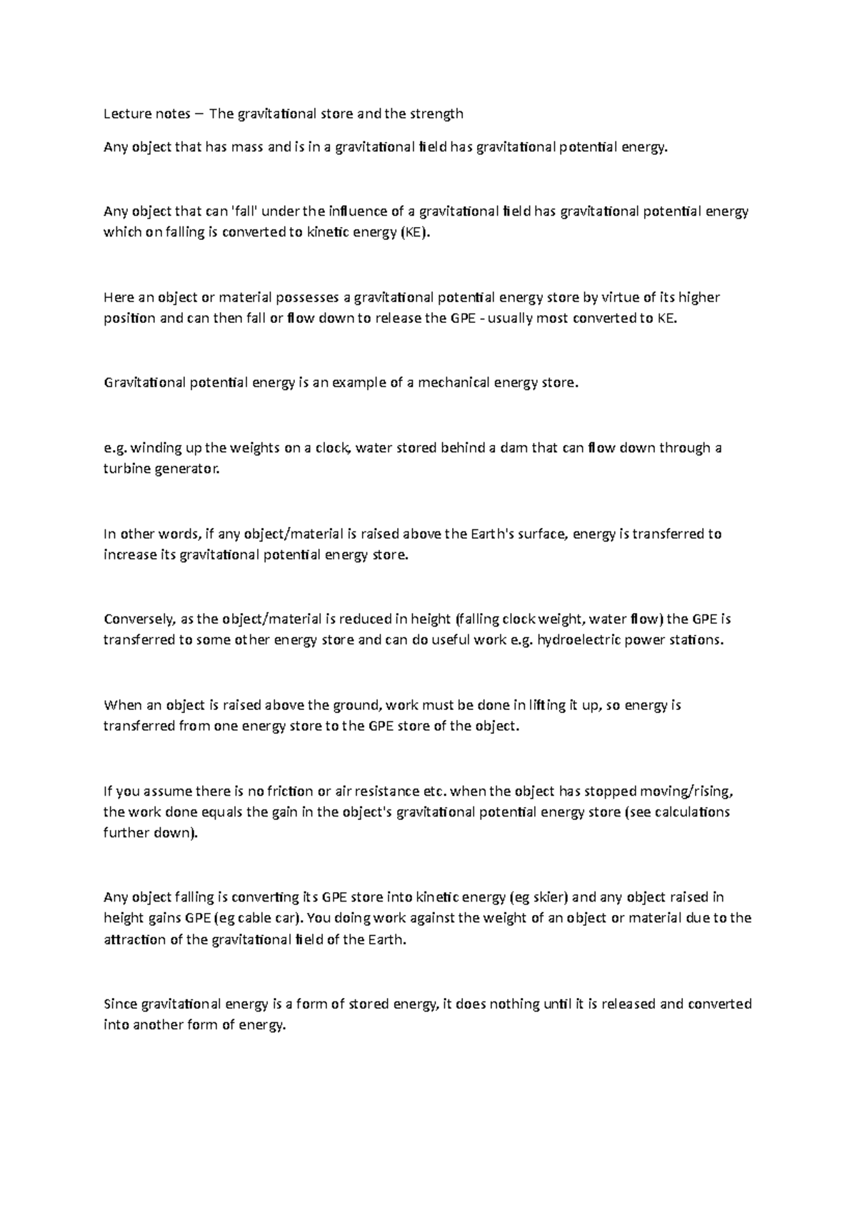 Lecture notes – The gravitational store and the strength - Any object ...