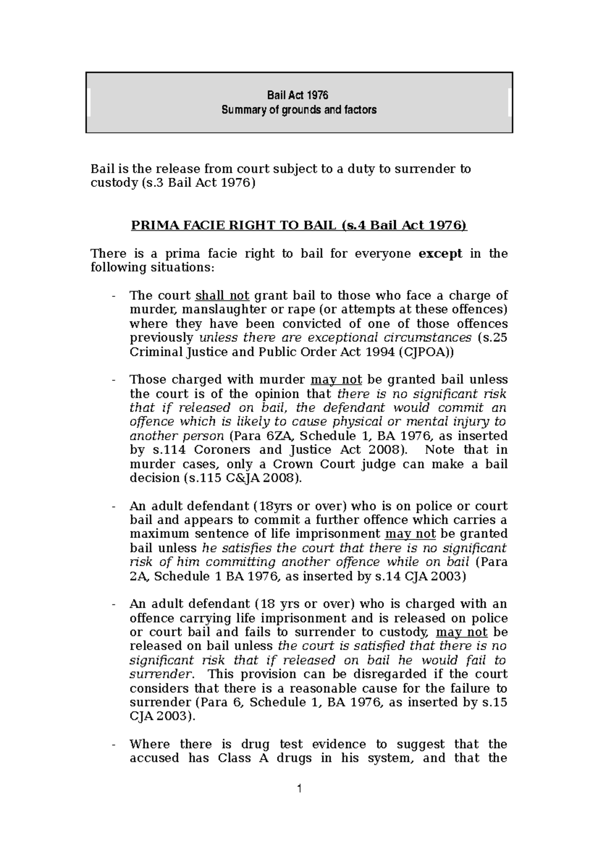 Bail Act Summary Bail Act 1976 Summary Of Grounds And Factors Bail Is