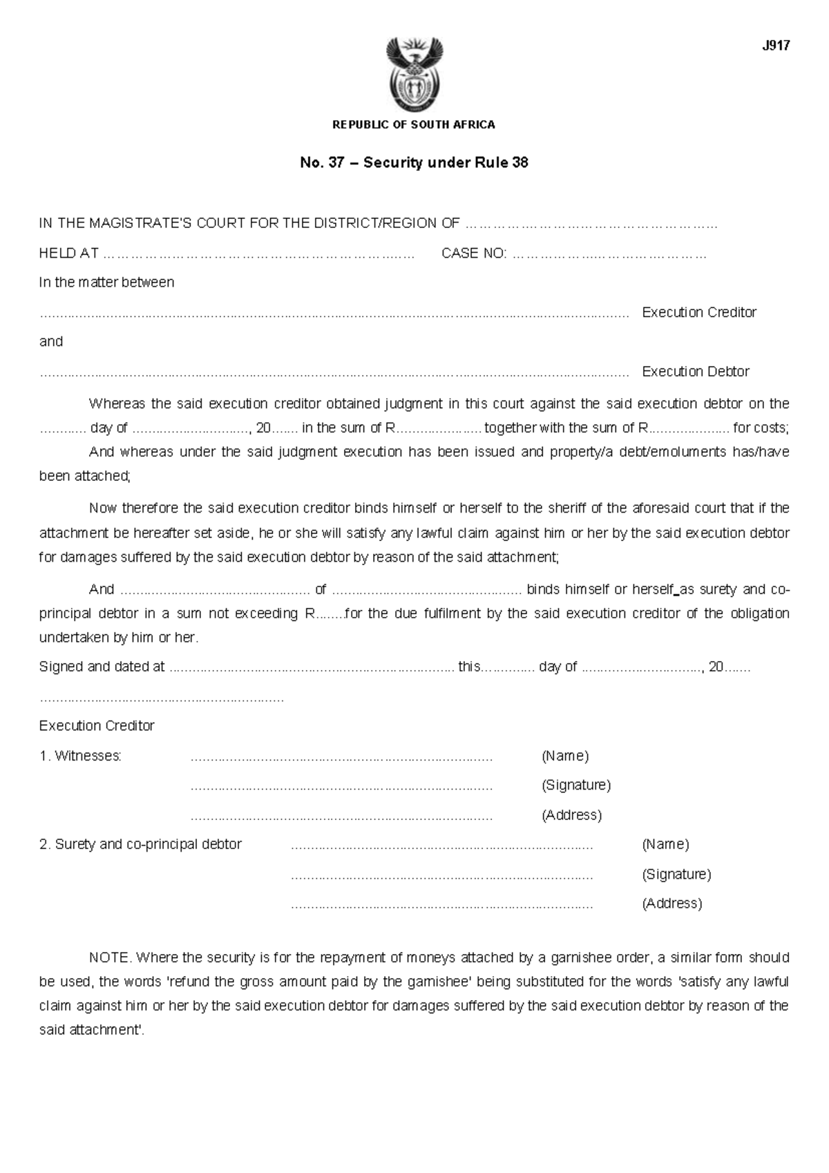 J917 - form37 - Rule 38 - Sheriff form for security whenever possessions are attached in a writ ...