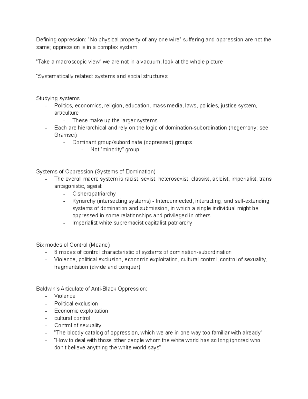 Lec 8 Notes - Defining oppression: “No physical property of any one ...
