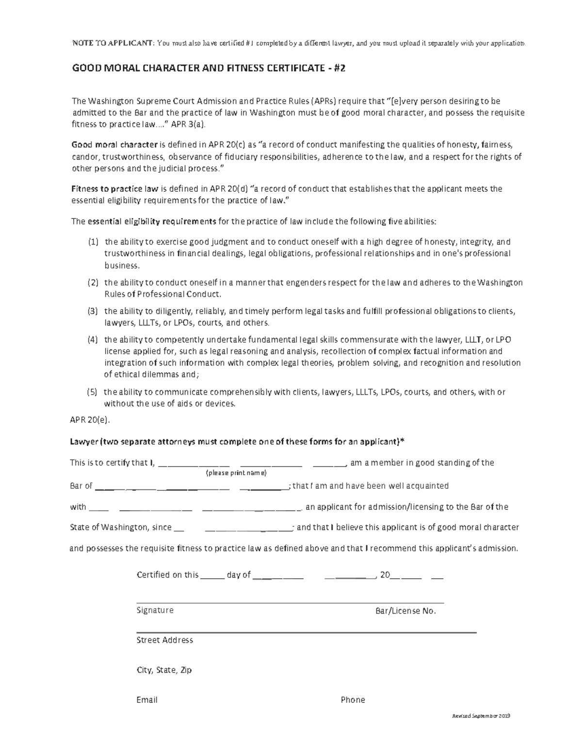 Good Moral Character Certificate#2 - NOTE TO APPLICANT: You must also ...