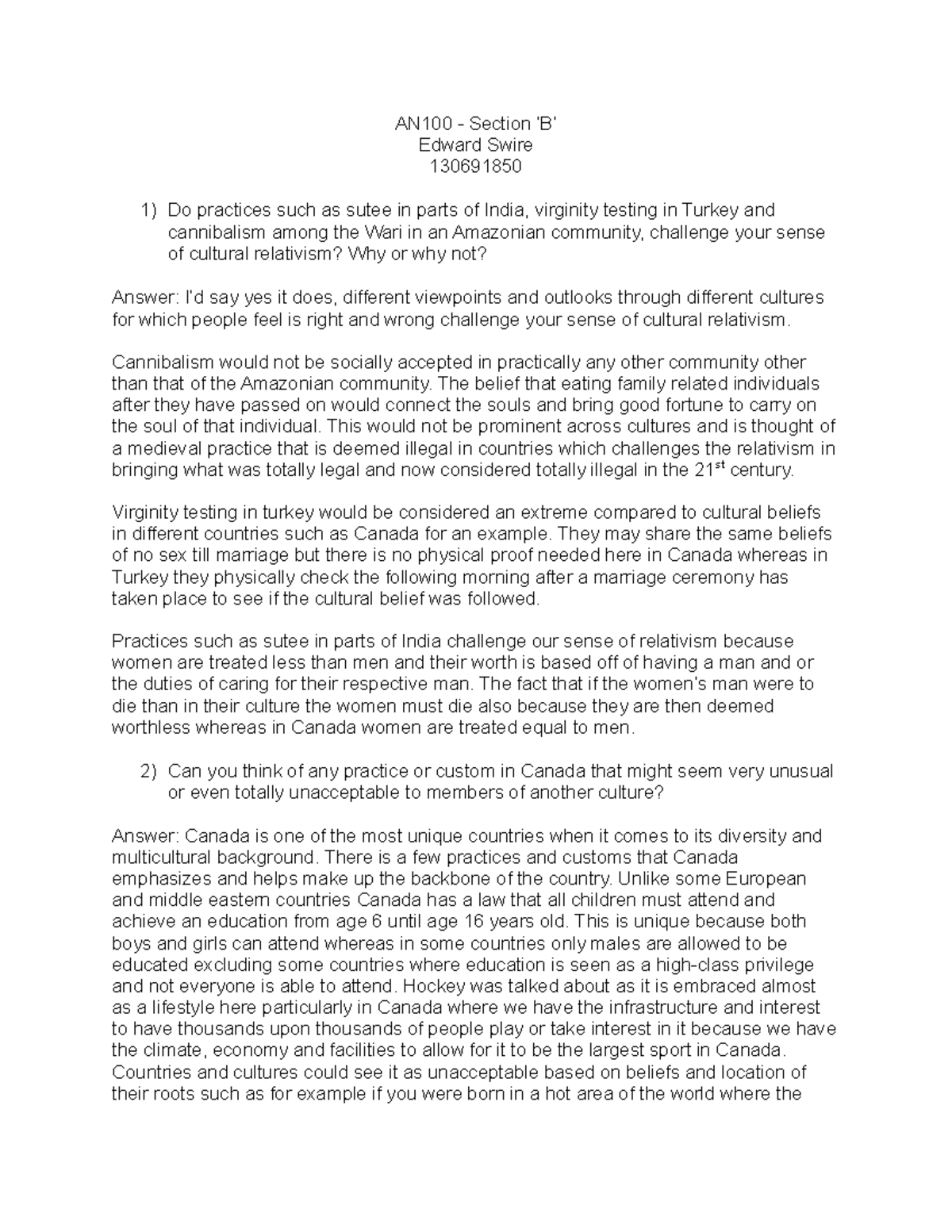 AN100 - Discussion assignment Oct 7, 2020 - AN100 - Section ‘B’ Edward ...