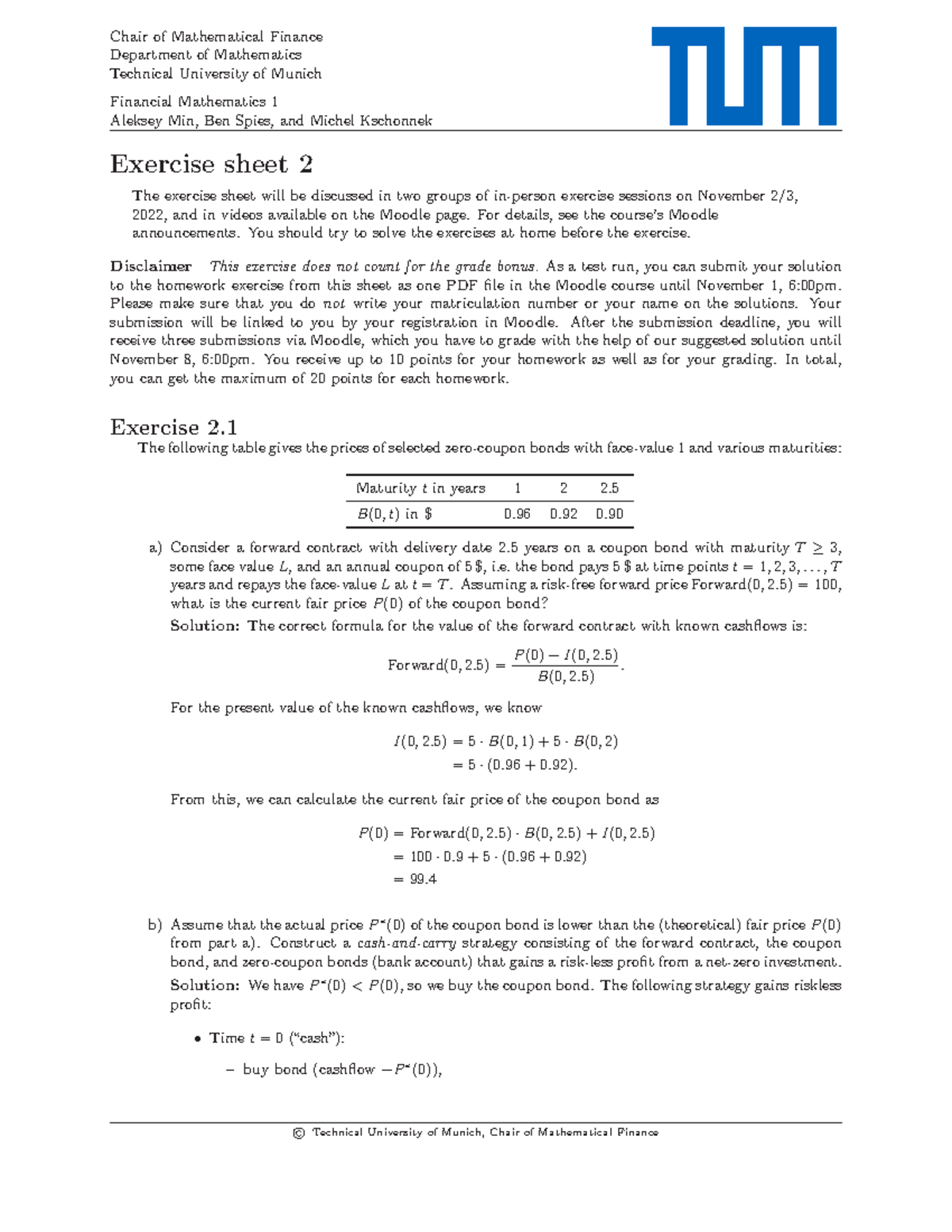 Exercise sheet 2 solution - Chair of Mathematical Finance Department of Mathematics Technical ...