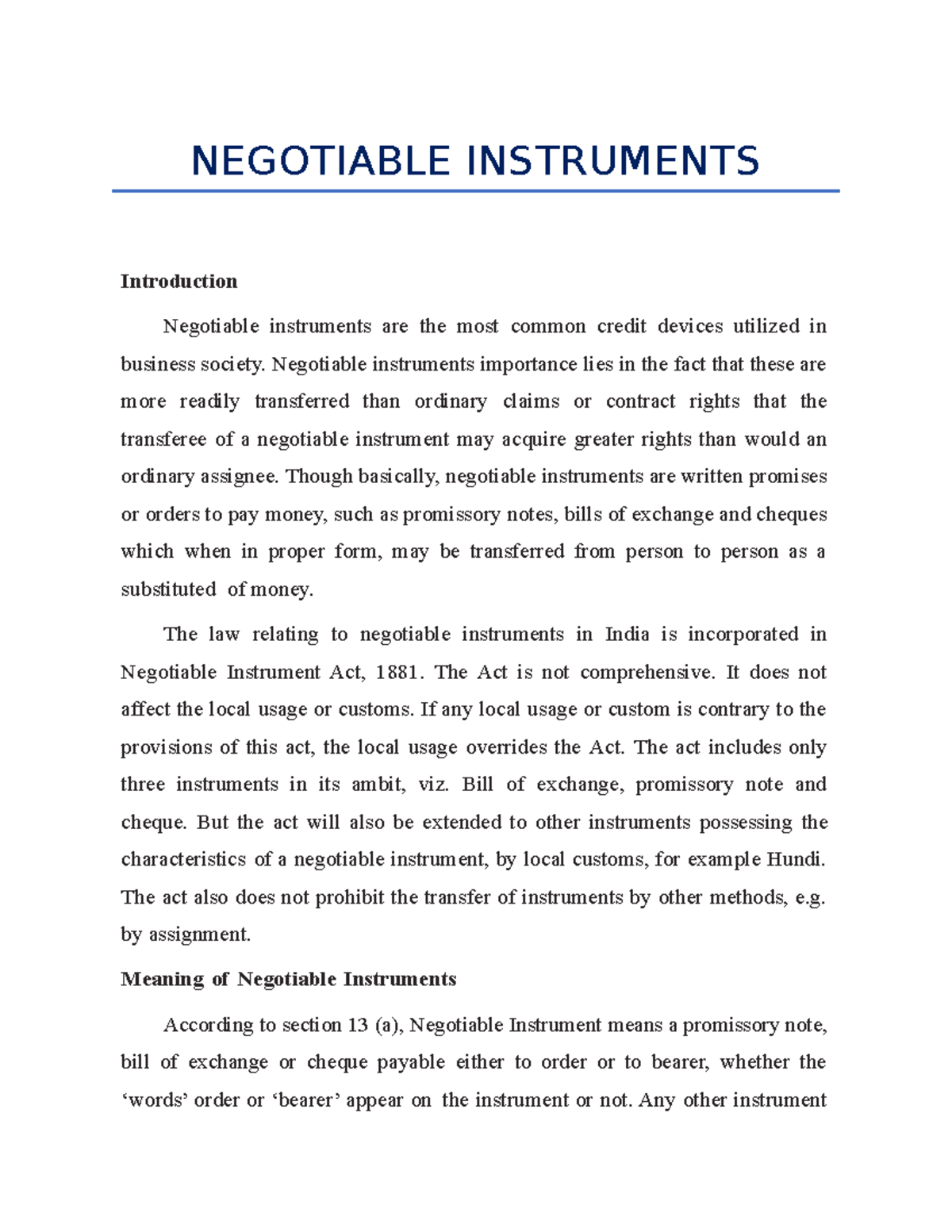 NOTE ON Negotiable Instruments - NEGOTIABLE INSTRUMENTS Introduction ...
