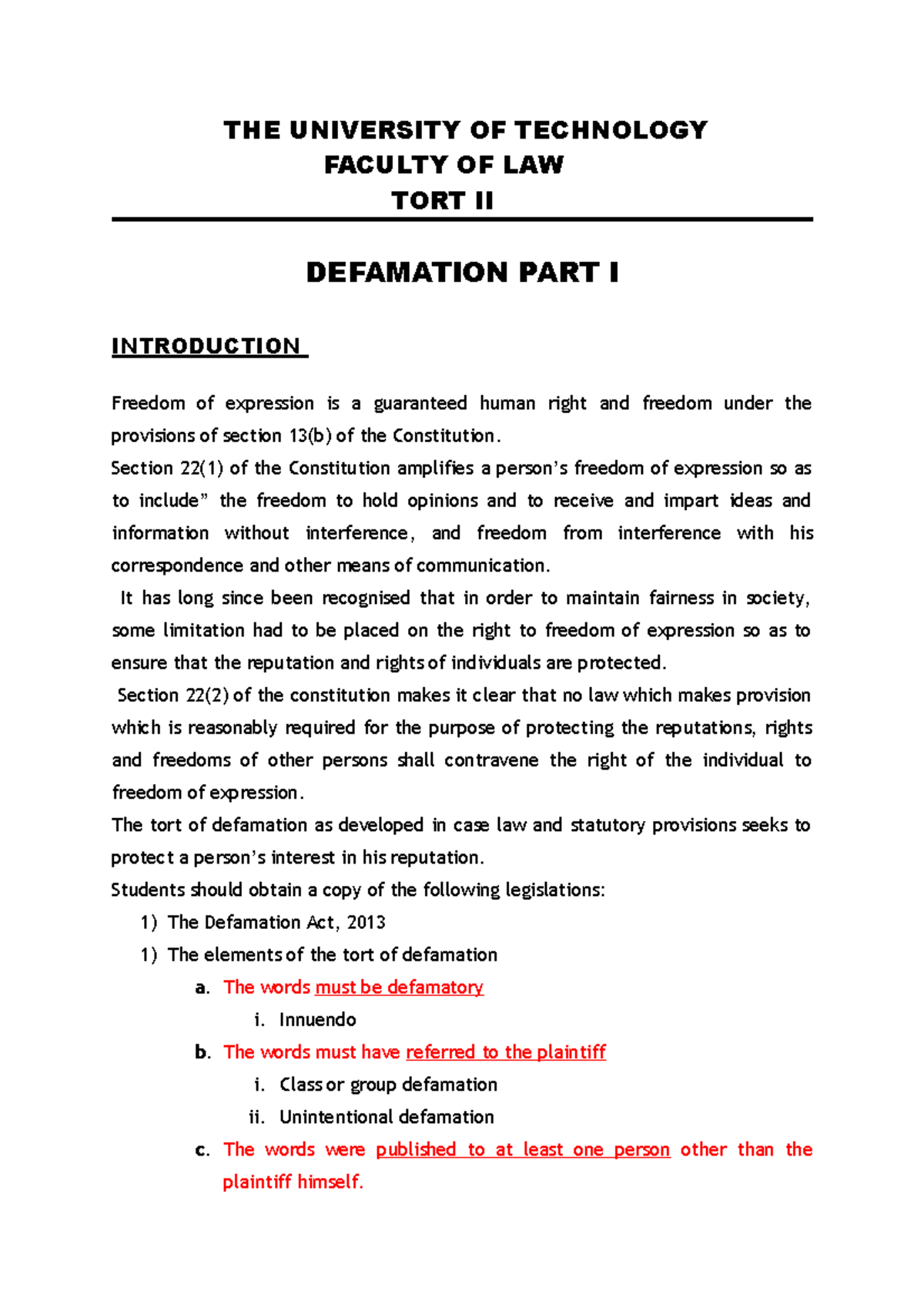 Defamation-Notes-I - credit to the owner - THE UNIVERSITY OF TECHNOLOGY ...