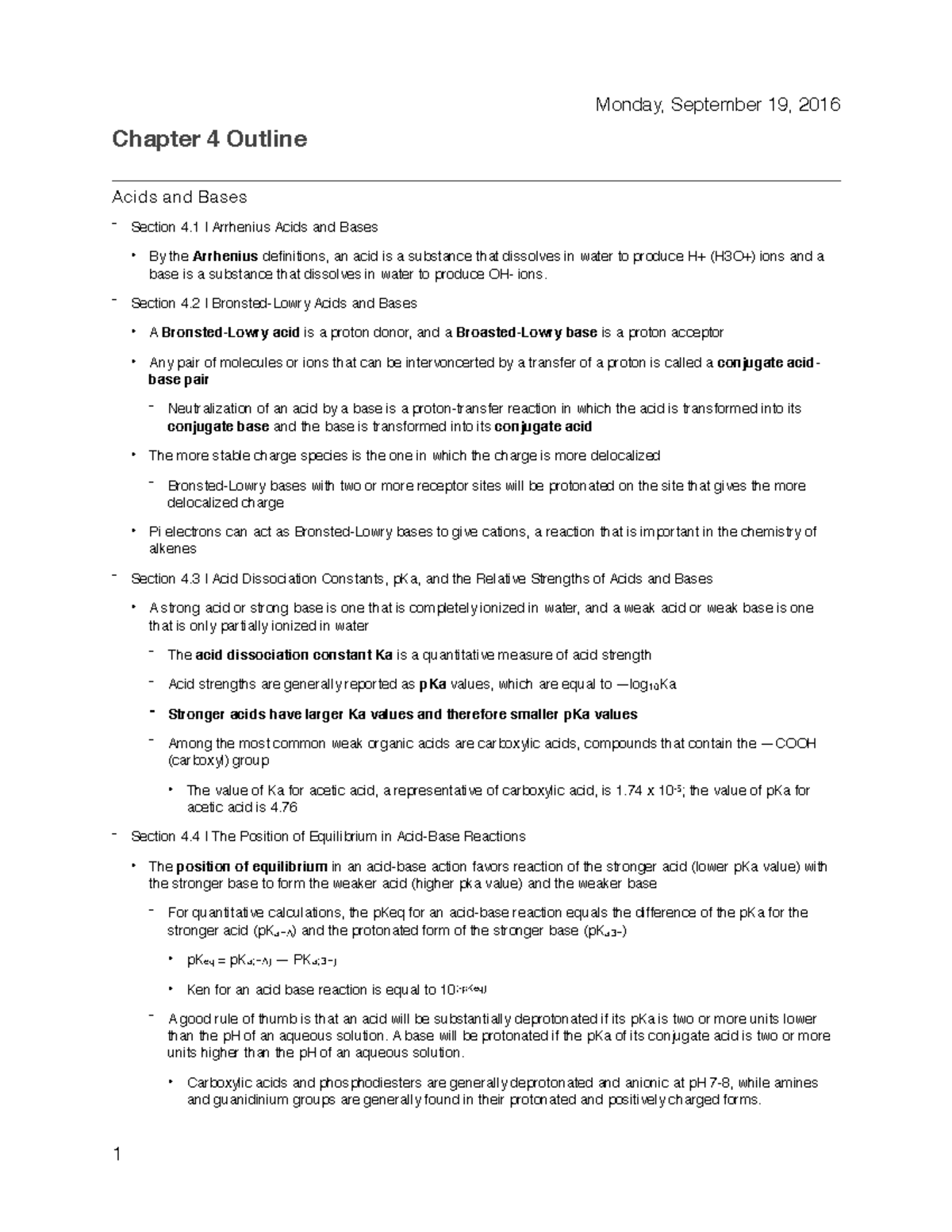 Chapter 4 Outline - Monday, September 19, 2016 Chapter 4 Outline Acids ...