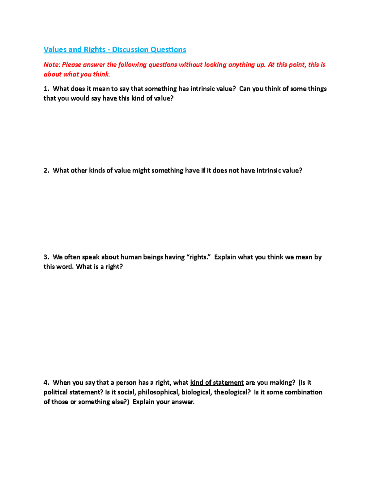 Values and Rights Discussion Questions - Values and Rights - Discussion ...