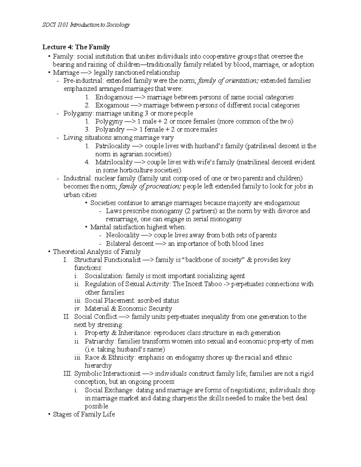 SOCI 1101 Intro to Sociology Lecture 4 - Lecture 4: The Family Family ...