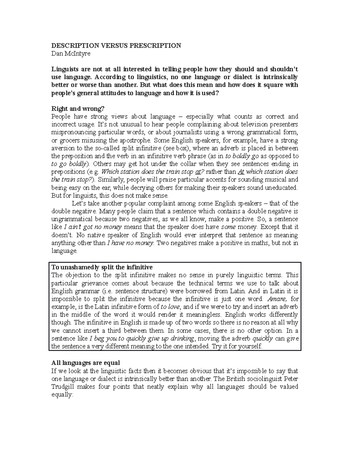 01 Description versus Prescription - Reading - DESCRIPTION VERSUS ...