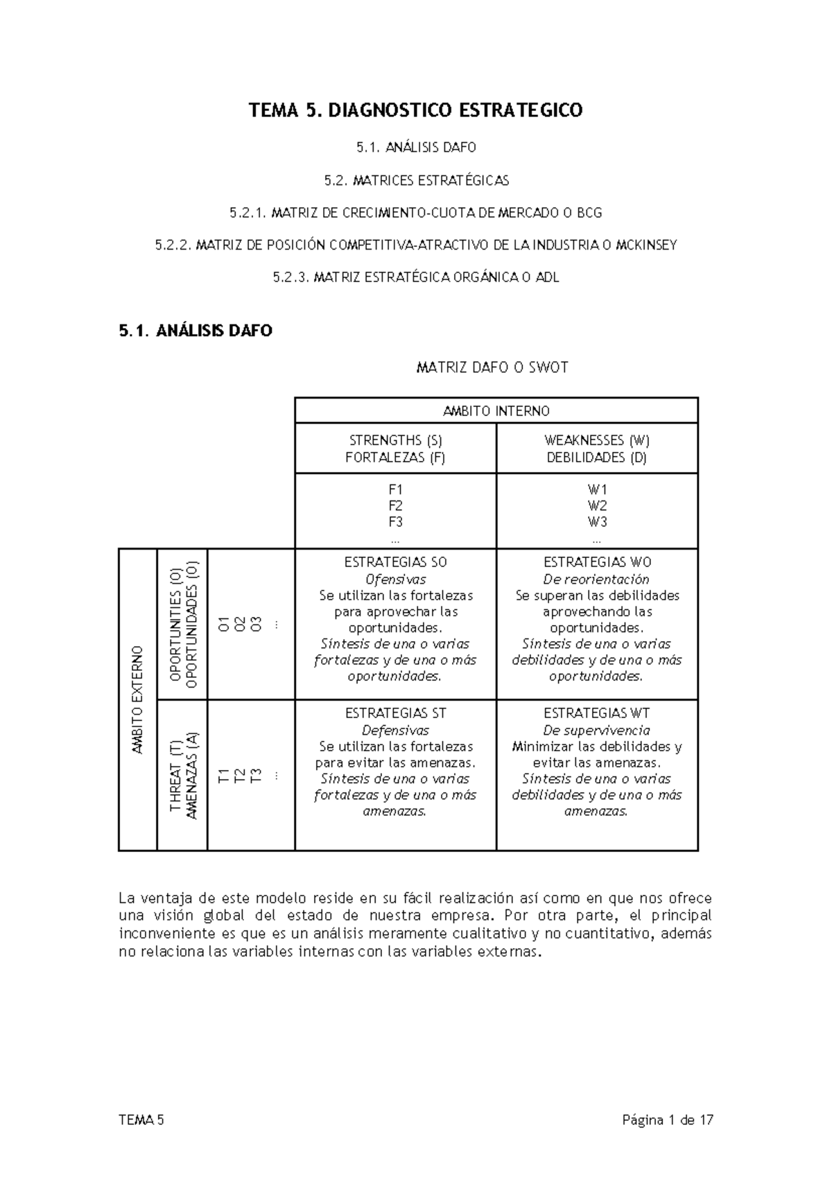 TEMA 5 - Tema 5 dirección Estratégica - TEMA 5. DIAGNOSTICO ESTRATEGICO ANÁLISIS DAFO MATRICES ...