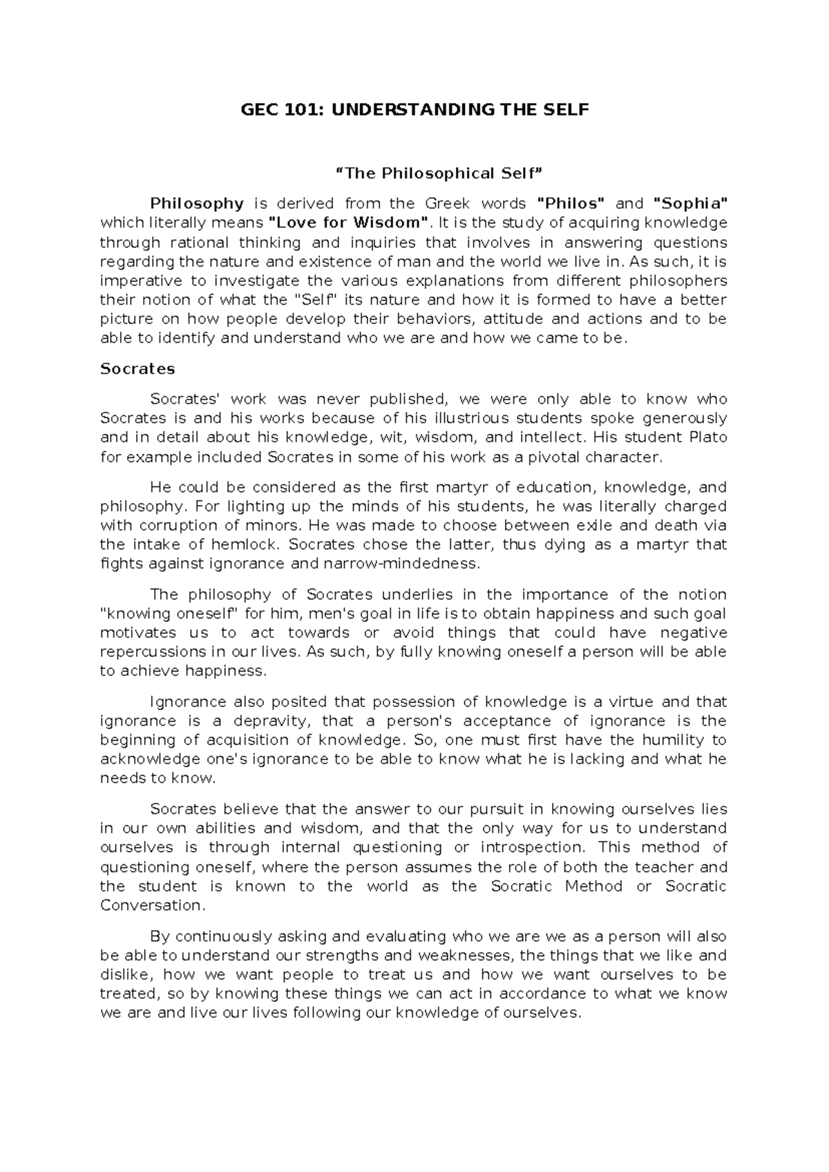 GEC-101-reviewer - Practice materials - GEC 101: UNDERSTANDING THE SELF “The Philosophical Self ...