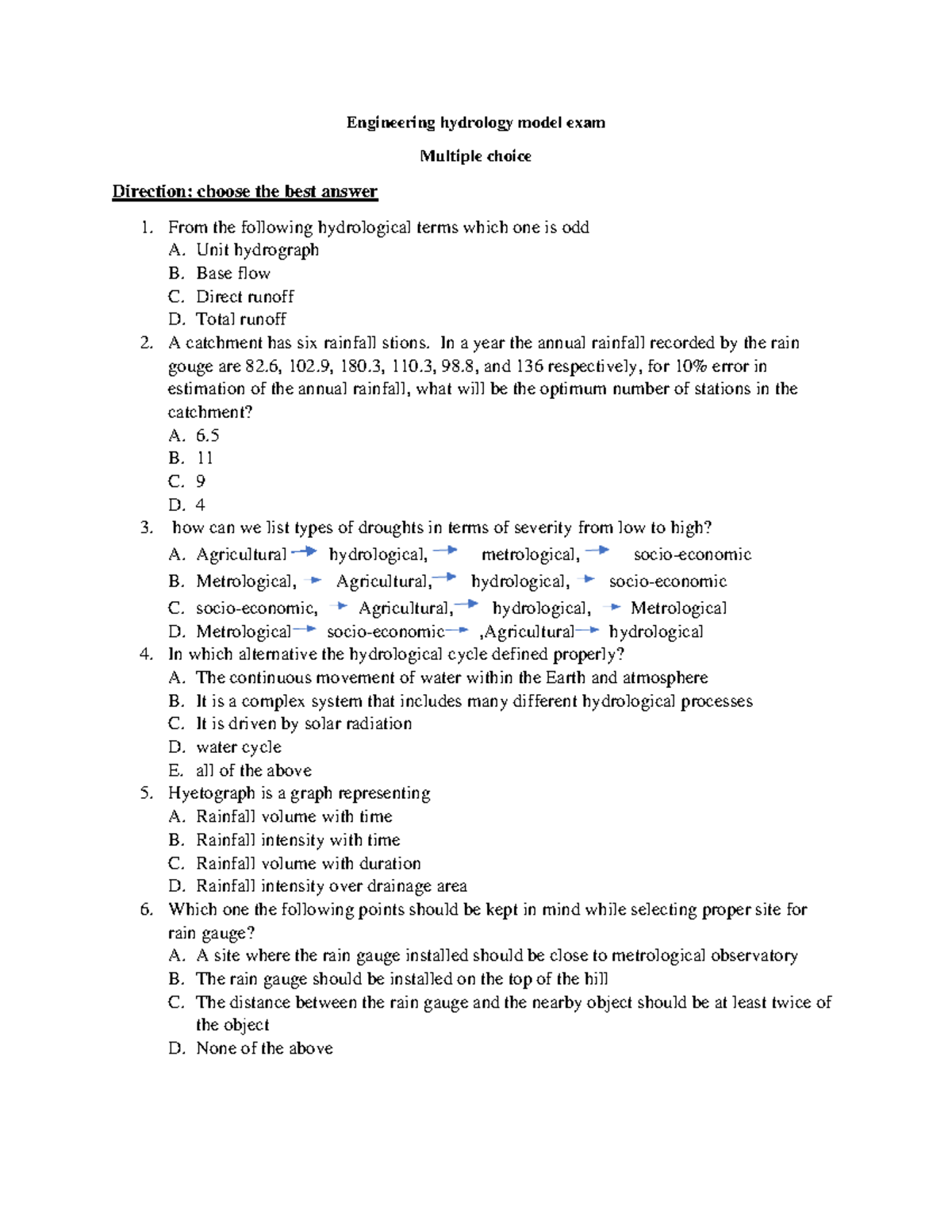 1st and 2nd mock exam - Engineering hydrology model exam Multiple ...