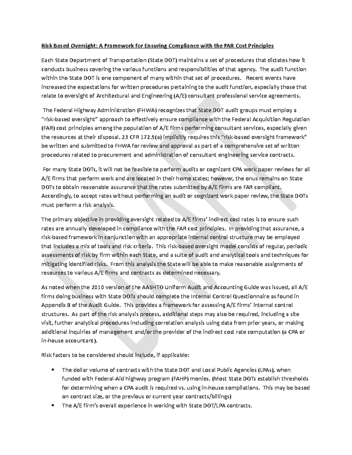 Risk Framework Narrative 7 11 12 dab - Risk Based Oversight: A ...