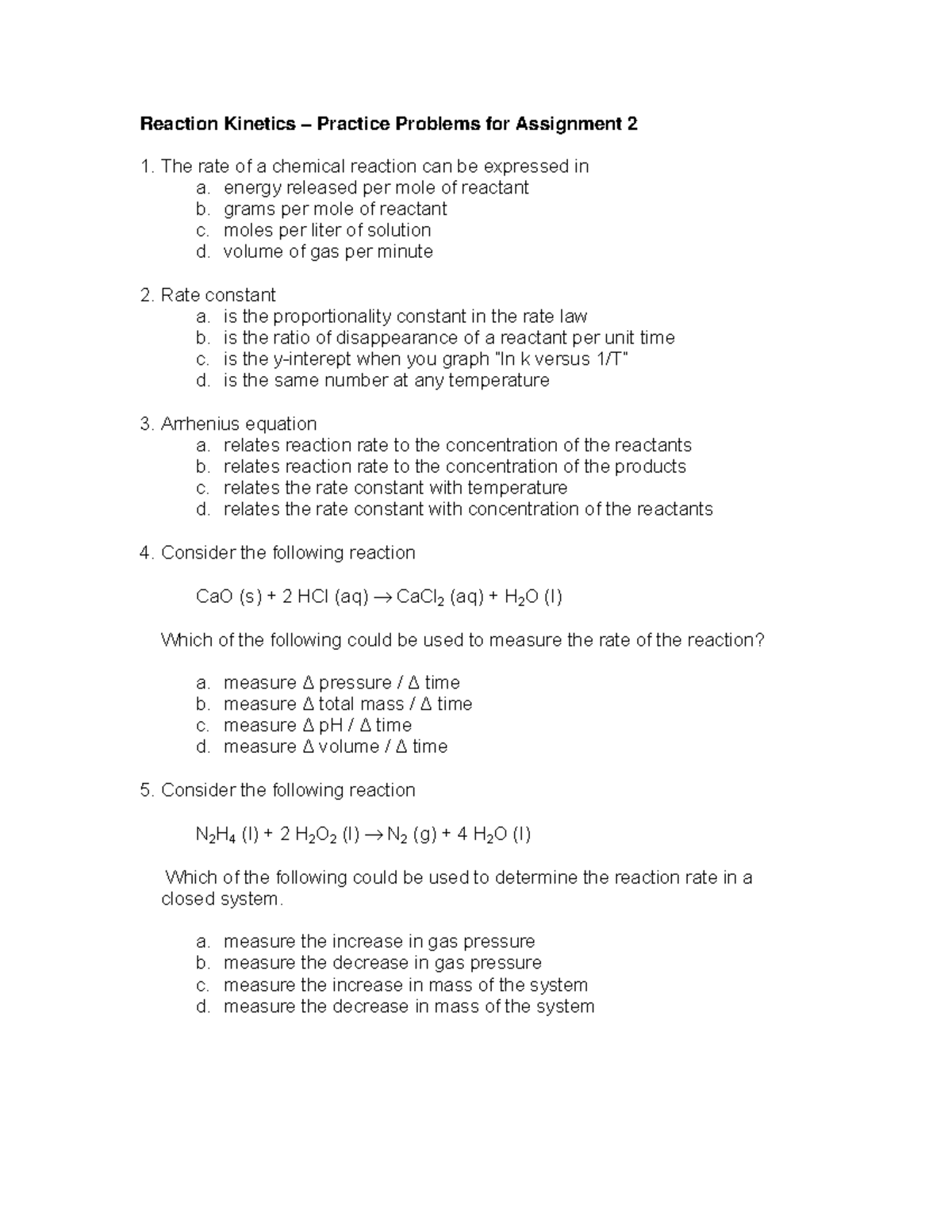 1 Kinetics practice problems - Reaction Kinetics – Practice Problems ...