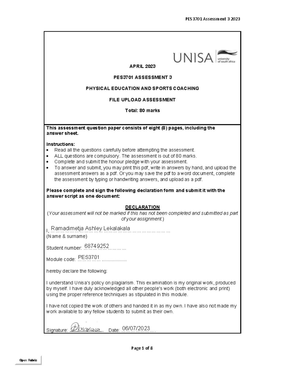 68749252 PES3701-Assignment 3 - PES3701 Assessment 3 2023 APRIL 2023 PES3701 ASSESSMENT 3 ...