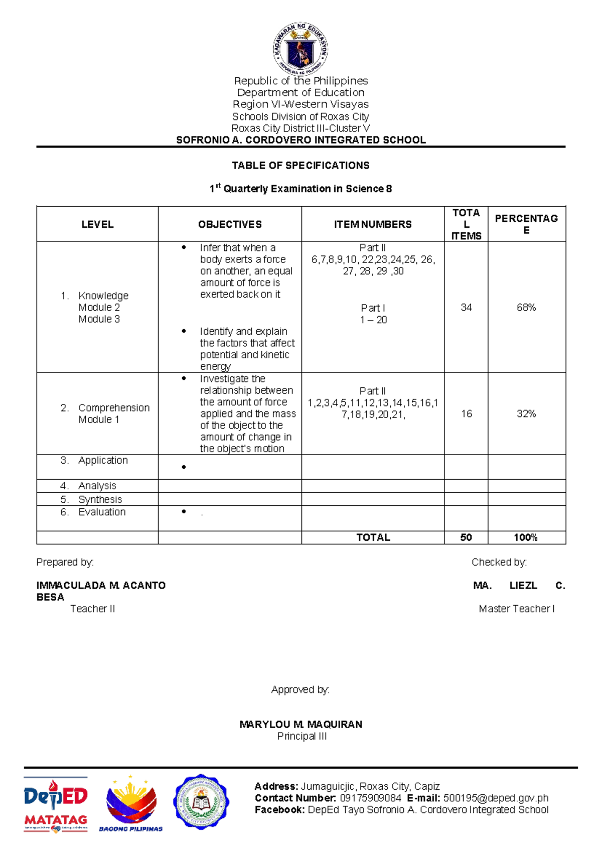 Sci 10 TOS 1Q - Table of Specifications - Republic of the Philippines Department of Education ...