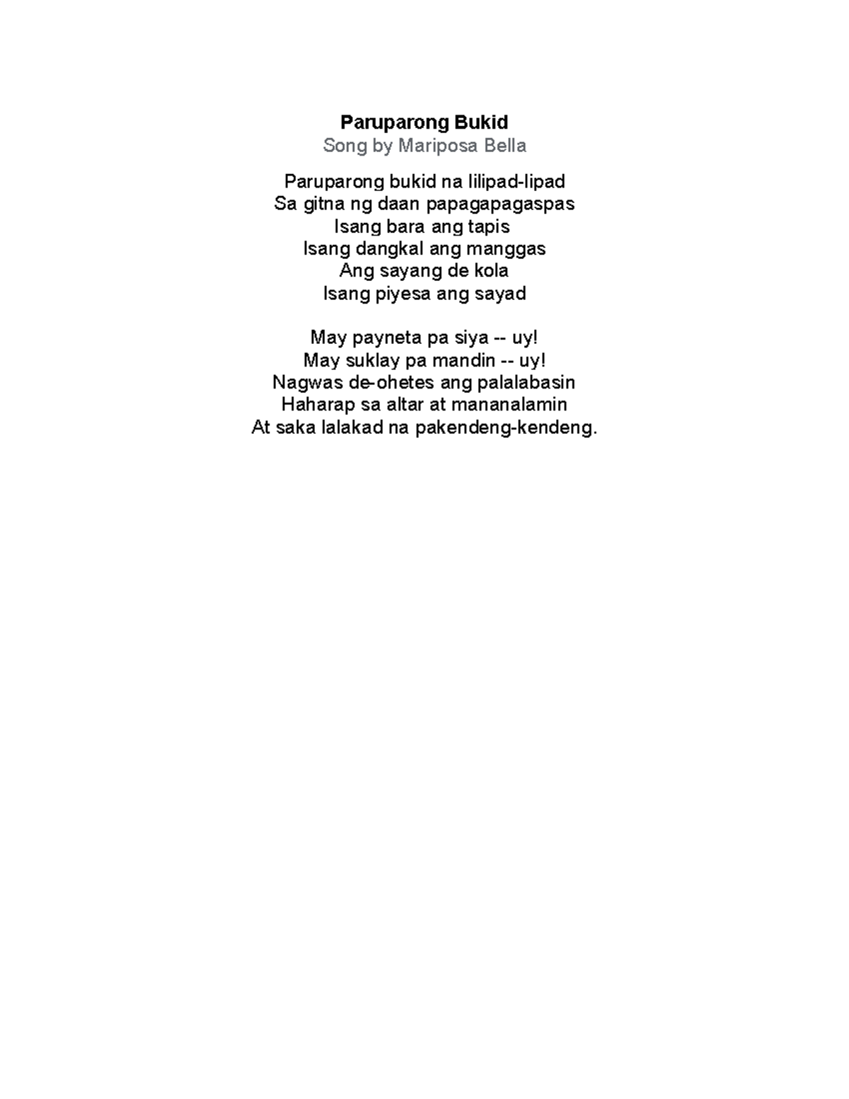 Awiting Bayan - Paruparong Bukid Song by Mariposa Bella Paruparong ...