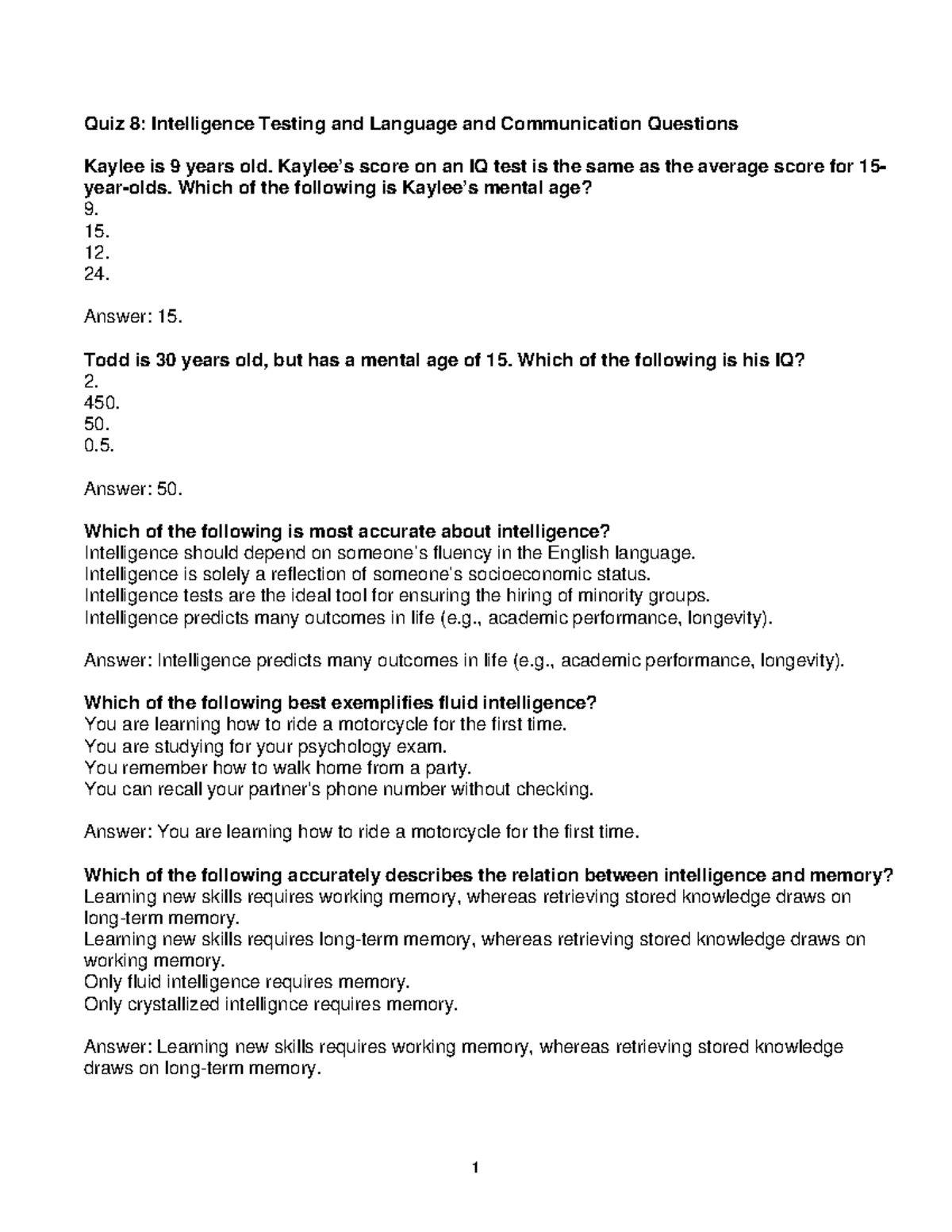 Quiz 8 Intelligence Testing Language Communication - Quiz 8 ...