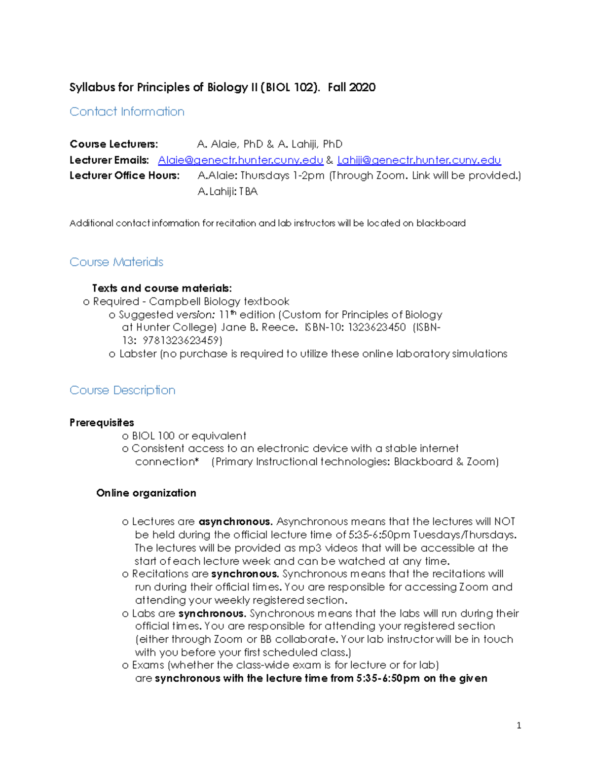 Syllabus For Biol 102 Fall 2020 Syllabus For Principles Of Biology Ii