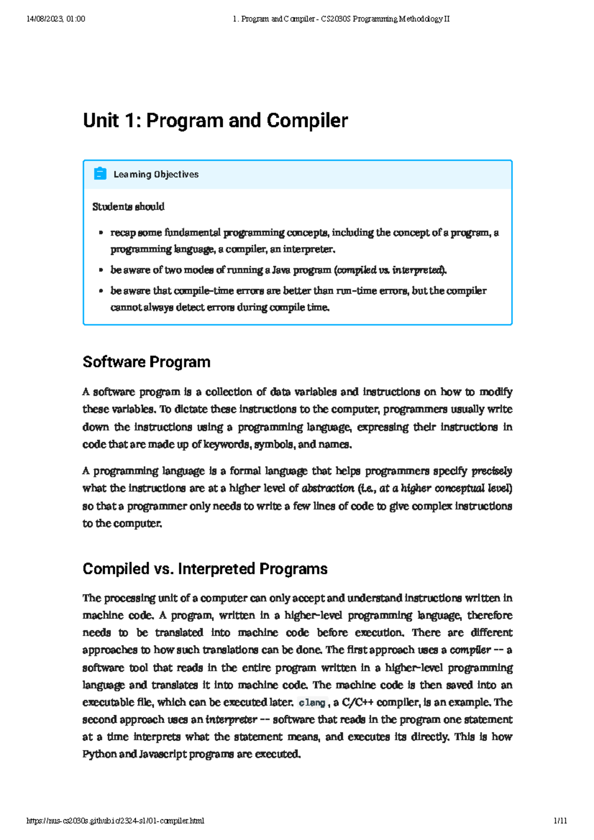1. Program and Compiler - Unit 1: Program and Compiler Students should ...