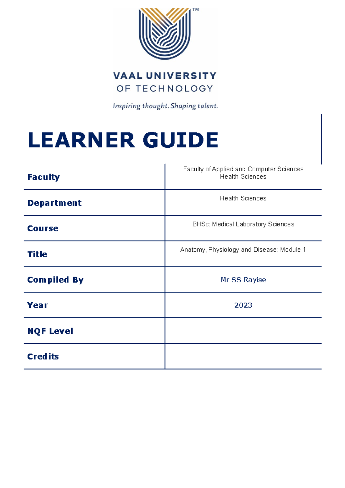 2023 Ahadx 1A Learner Guide (1) - LEARNER GUIDE Faculty Faculty of ...