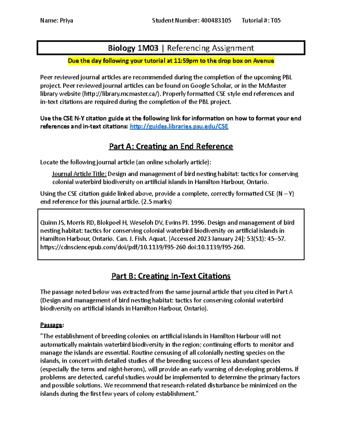 Tutorial 1 Referencing - W23 - Name: Priya Student Number: 400483105 Tutorial #: T Biology 1M03 ...
