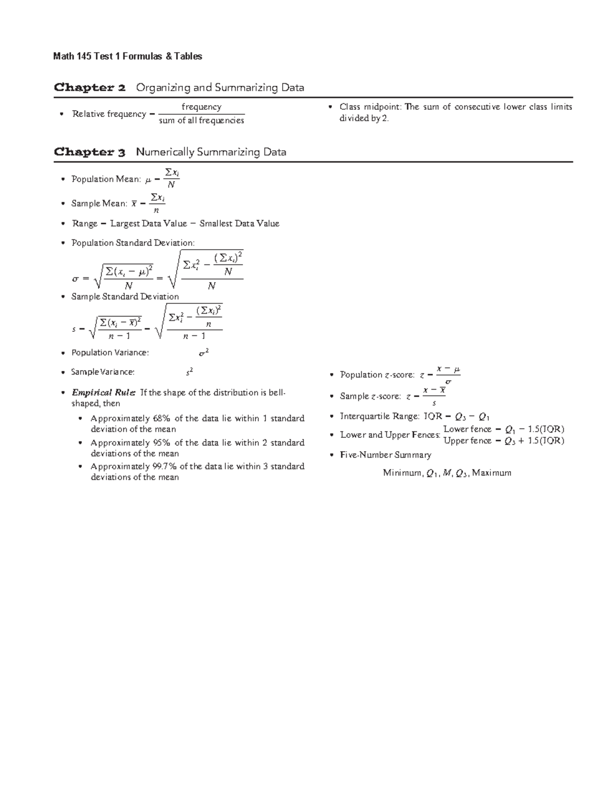 Math 145 Test 1 Formulas and Tables-5e - Tables and Formulas for ...