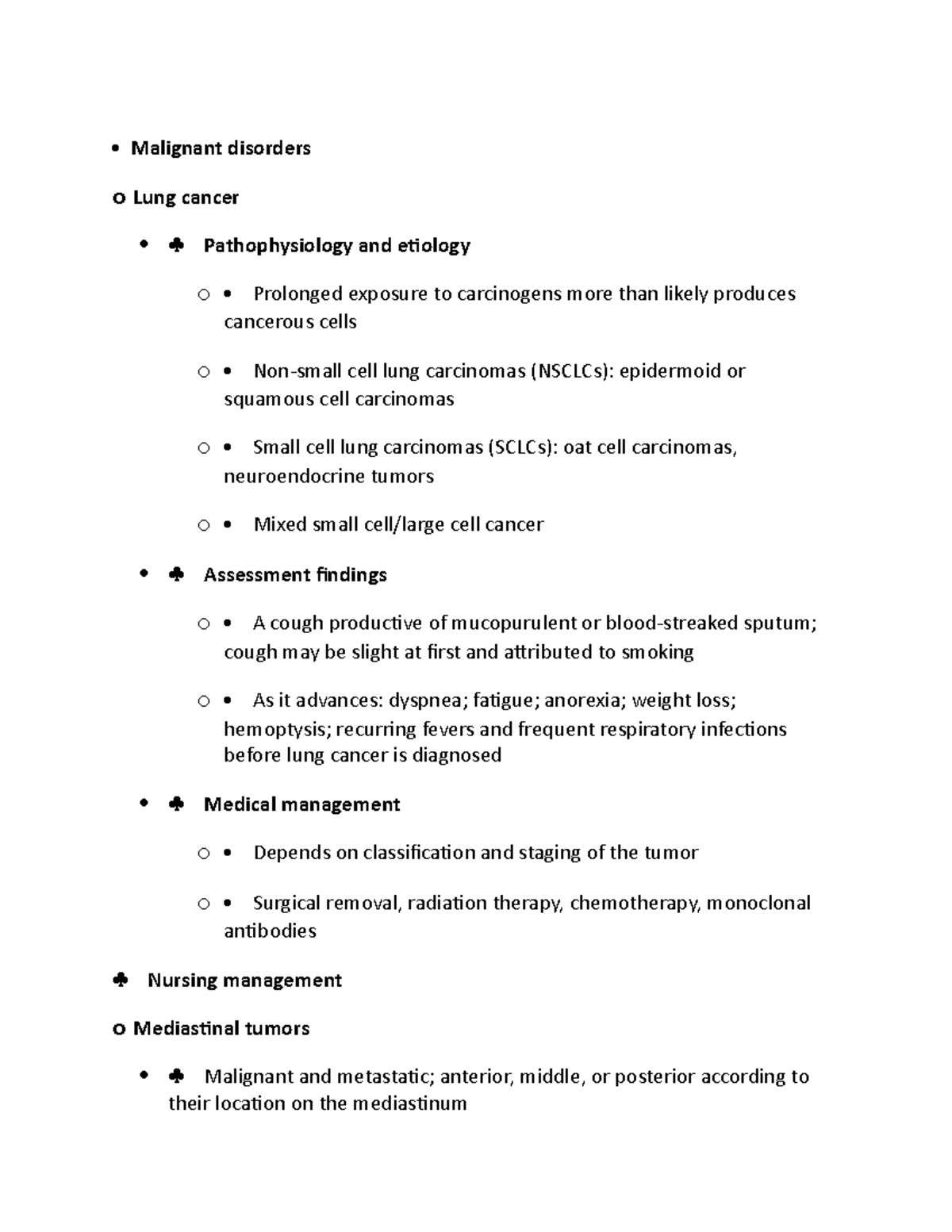 Malignant disorders - NURS 360 - Malignant disorders o Lung cancer ...