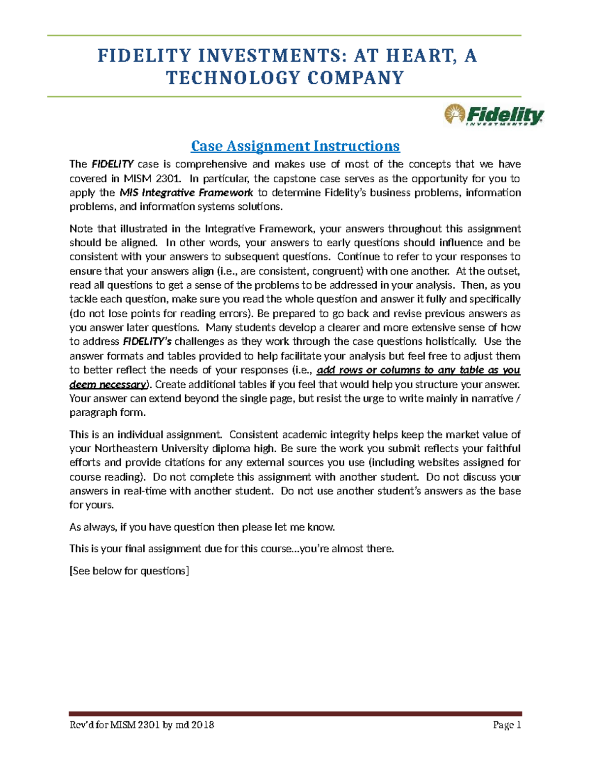 Fidelity Investments case questions - ANSWERED - MIS 2020 - NU - Studocu